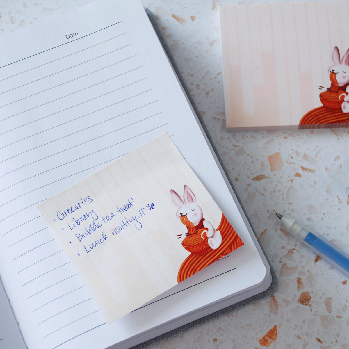 Bunny and Ramen Noodles Sticky Notepad | Stationery | Planner | White Bunny Notepad – Hop & Flop